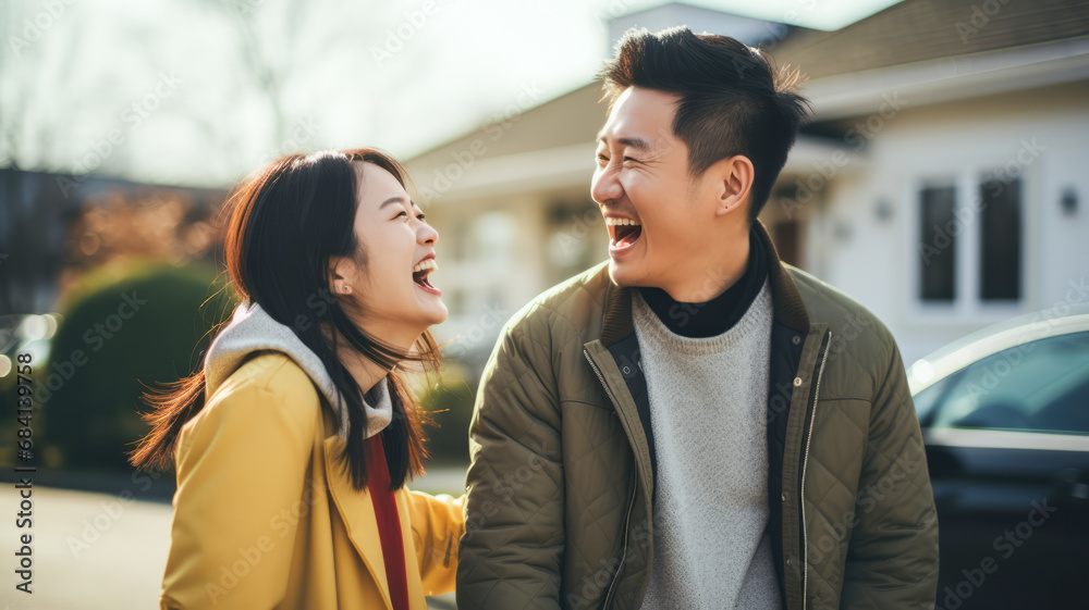 Happy Asian family standing and laughing together in front of the new ...