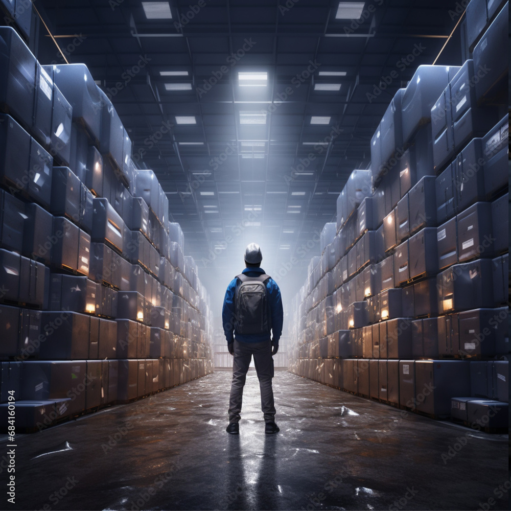 image of a man hiding under a structure in a huge warehouse where a ...