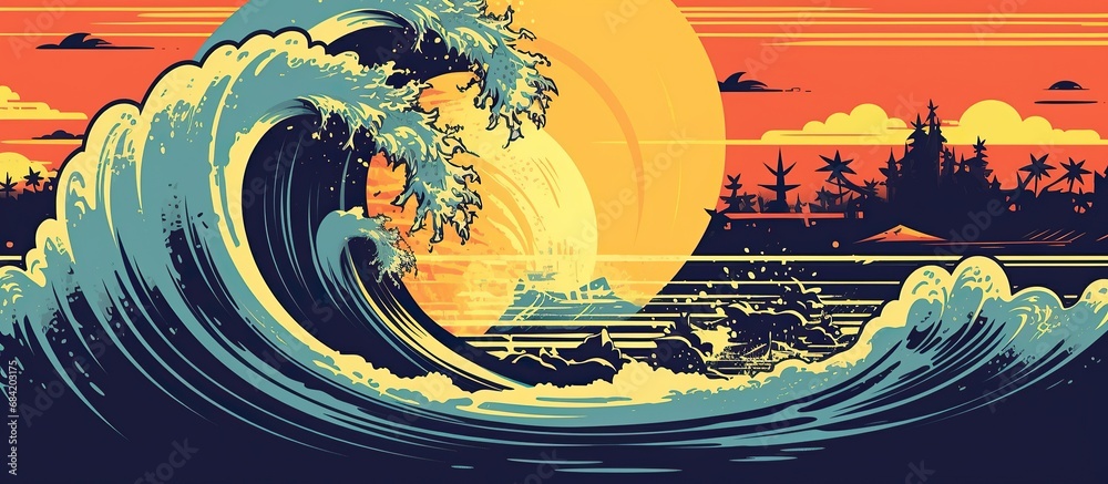wave ocean vector illustration. Asia and oriental traditional line art ...