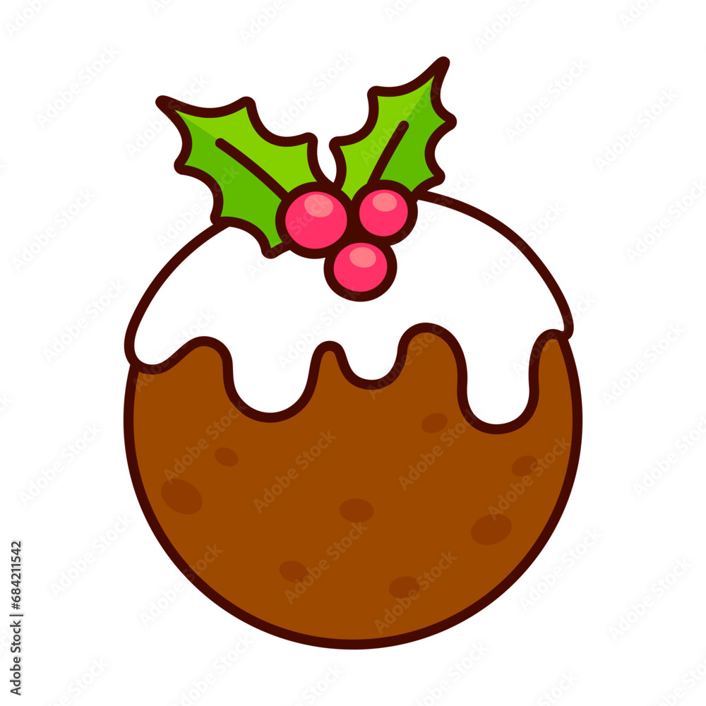 Traditional Christmas pudding with frosting and holly. Kawaii hand ...