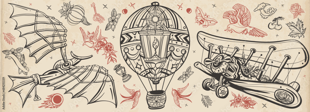 Medieval flying machines, air balloon, retro airplane. Leonardo Da ...