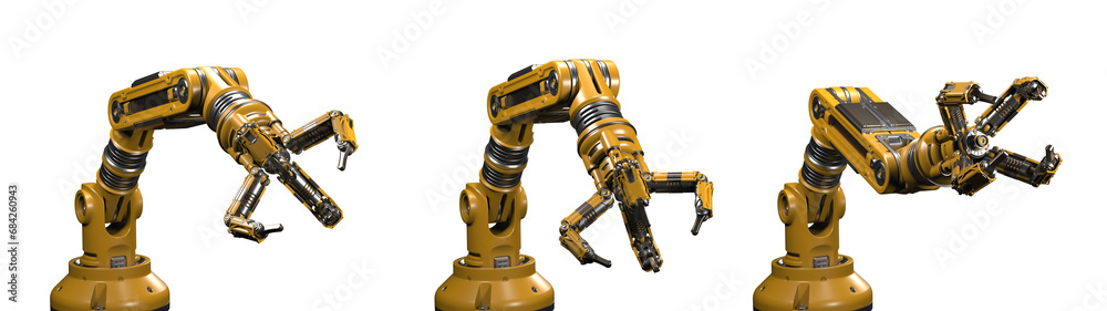 Robotic arm or yellow mechanical hand computing different movements ...