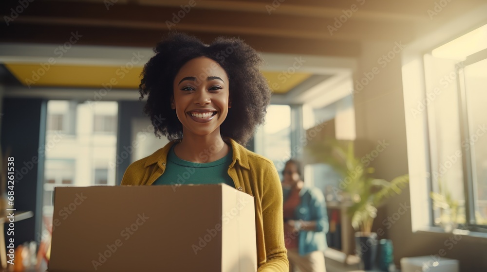 Happy smiling black woman carrying cardboard box with belongings ...