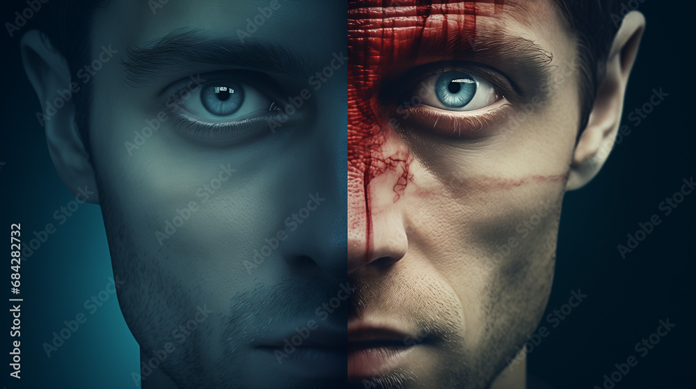 Dual faced psychopathic serial killer with blue eyes and split ...