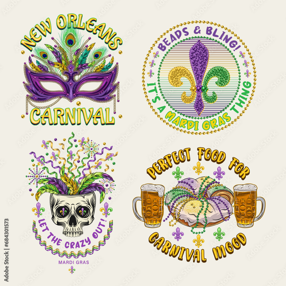 Carnival Mardi Gras labels with luxury mask, skull, holiday food, Fleur ...