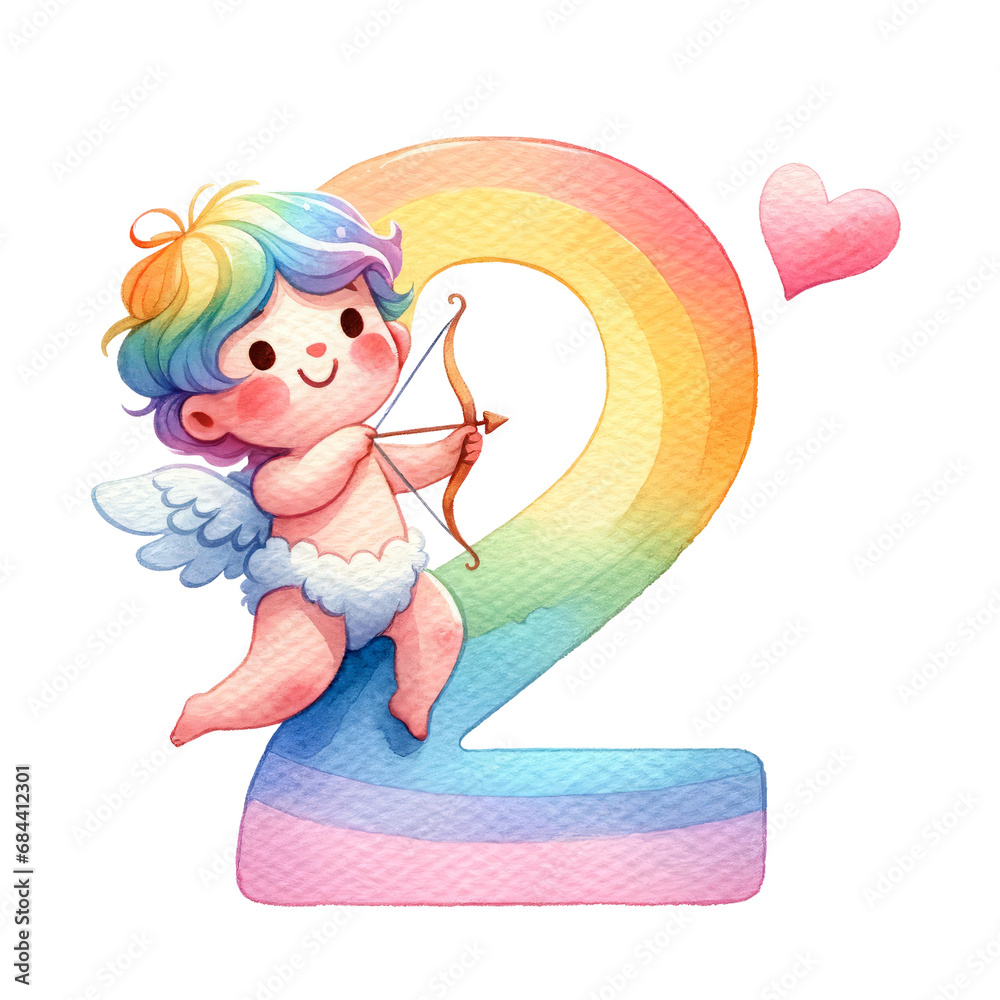 Number 2 Cupid Rainbow Watercolor Nursery Hand drawn Style Clipart-PNG ...