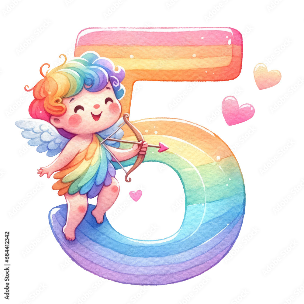 Number 5 Cupid Rainbow Watercolor Nursery Hand drawn Style Clipart-PNG ...