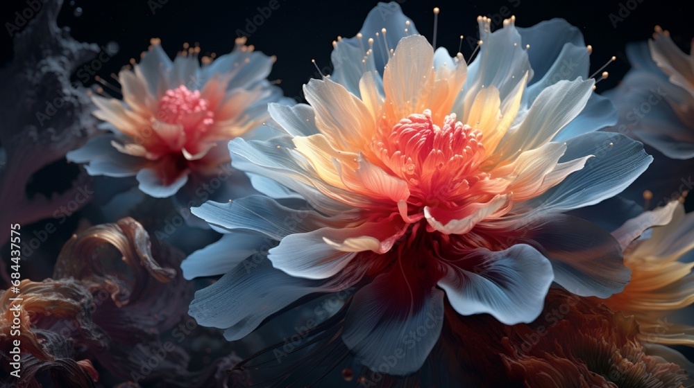 Blooms of surreal, digitized 3D abstract flowers pulsating rhythmically ...