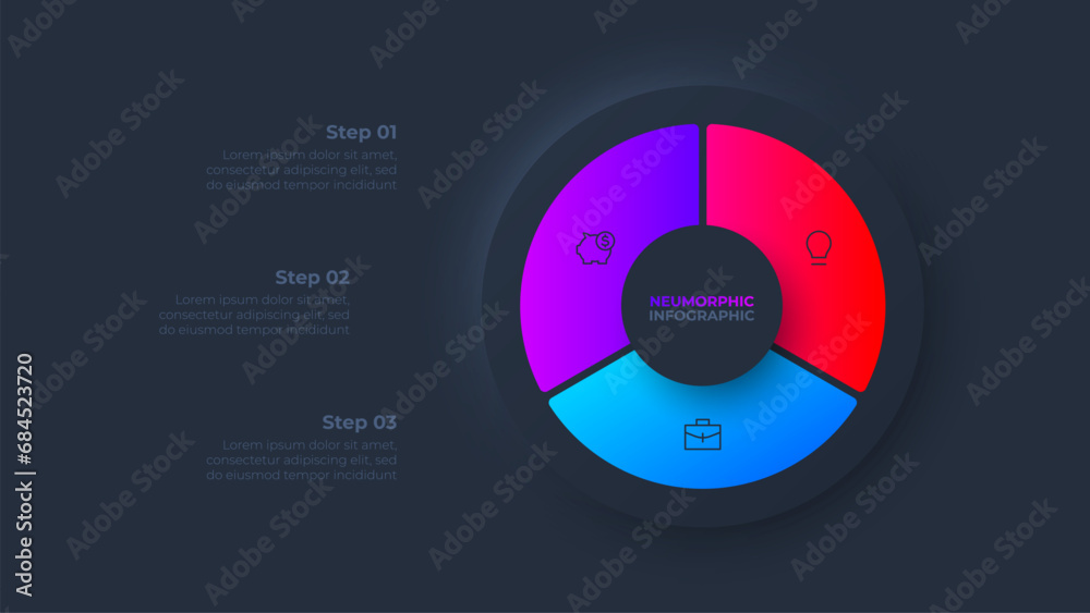 Dark cycle neumorphism diagram divided into 3 sectors. Circle infographic design template Stock ...