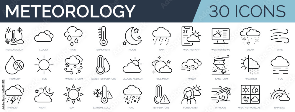 Set of 30 outline icons related to weather. Linear icon collection ...