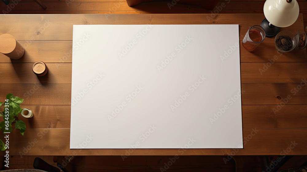 Plain white blank flat poster with empty space attached to wooden table ...