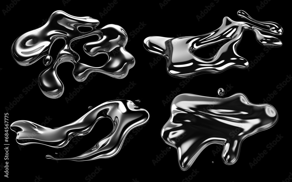 Y2K Melted chrome liquid metal shapes set isolated. Spilled wavy molten ...