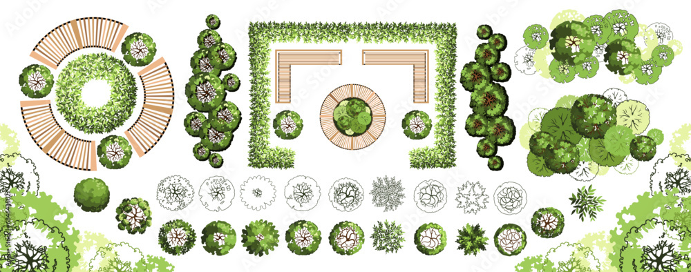Top view elements for the landscape design plan. Trees and benches for ...