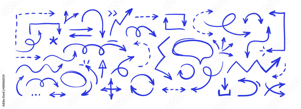 Set of thin doodle hand drawn arrows. Collection of isolated cartoon ...