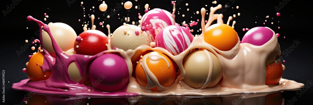 A cake designed to resemble melting, with drooping layers of icing and ...