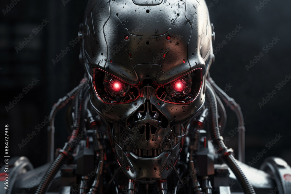 Ilustración de Stock Explore the future with a portrait of a menacing metallic android robot ...