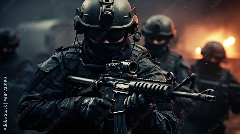 SWAT Team Action: Police Officers with Guns Storming In as a Group ...