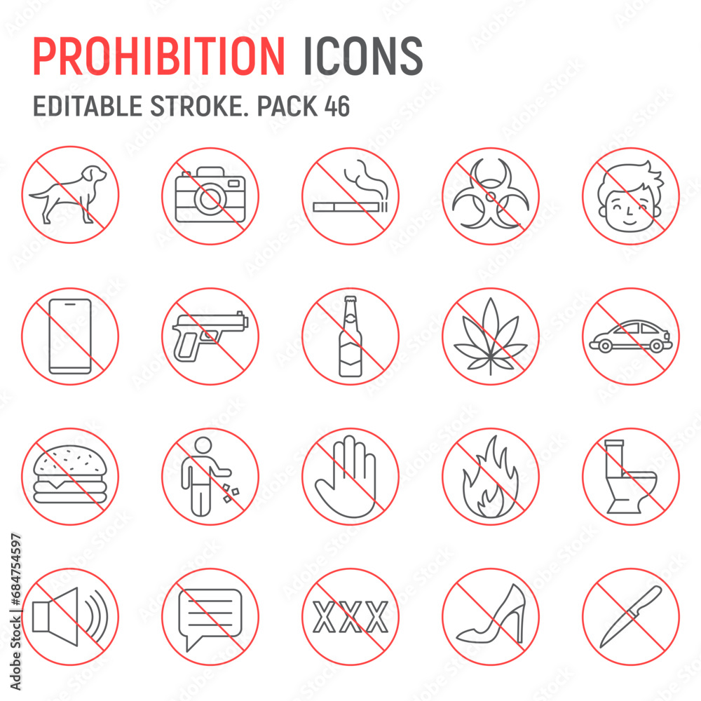 Prohibition line icon set, warning collection, vector graphics, logo ...
