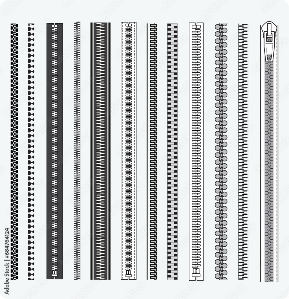 Seamless zippers with puller flat sketch vector illustrator Brush set, different types of Zip ...