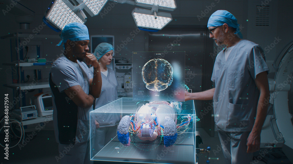 ภาพถ่าย Stock Multiethnic surgeons work in hospital operating room. 3D ...