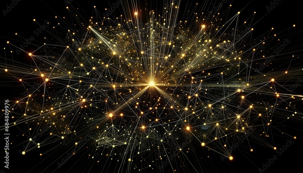 depicts a complex network of interconnected points radiating from a ...