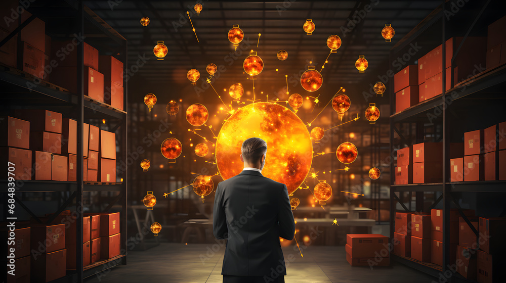 Hazardous substance concept safety officer pointing on explosives icon ...