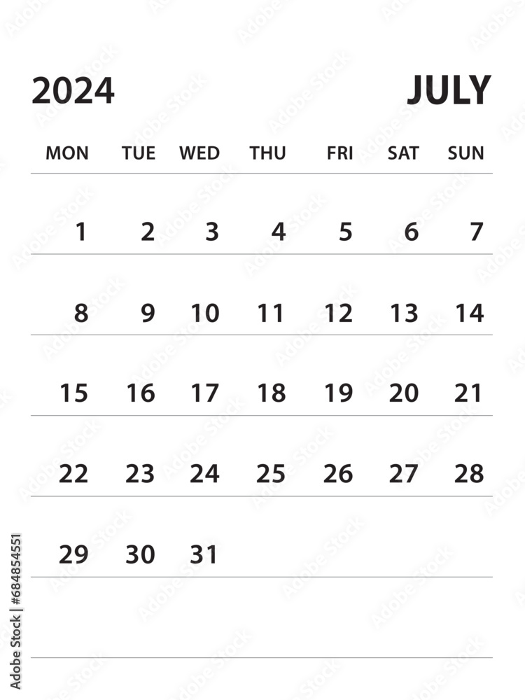 July 2024-Calendar 2024 template vector on white background, week start ...