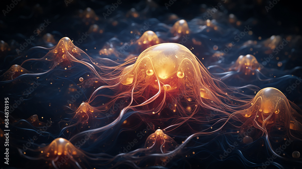 neurons under strong magnification, neural network live impulses ...