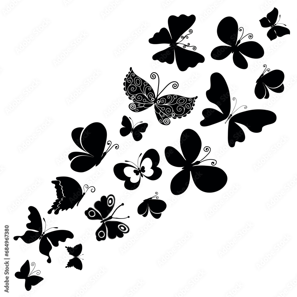 Vector silhouettes of flying butterflies of various shapes. Single ...