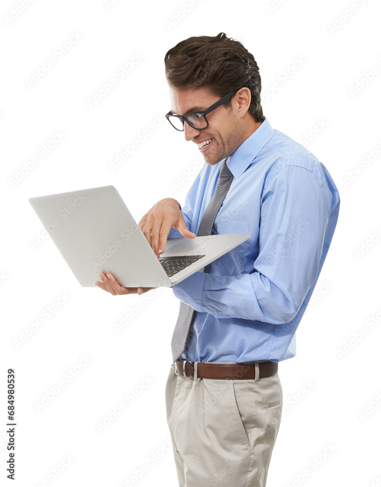 Business man, excited and typing on laptop for technology ...