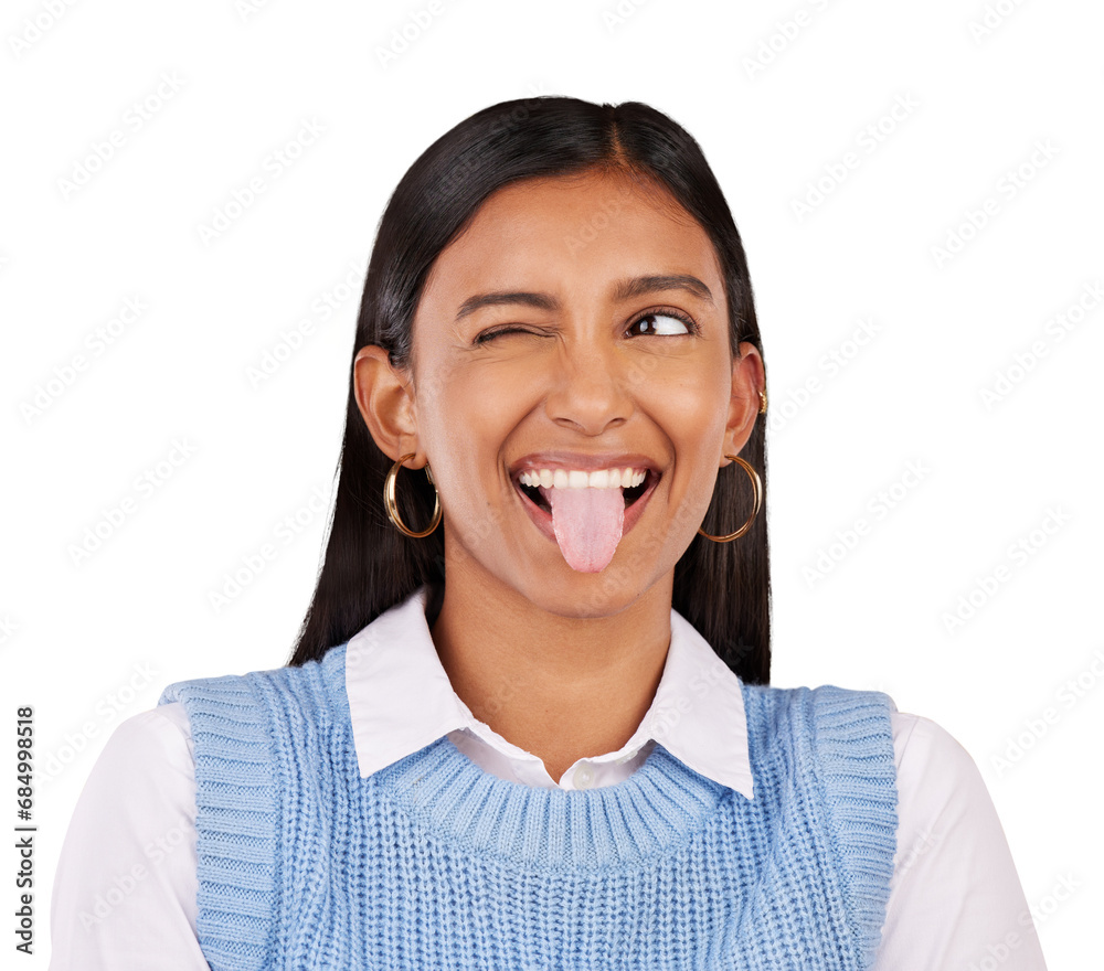 Funny face, wink and tongue out with happy indian woman isolated on a ...