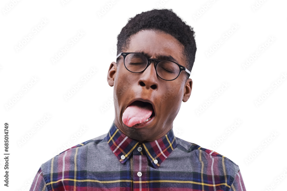 Funny, face and black man with tongue out gesture on isolated ...