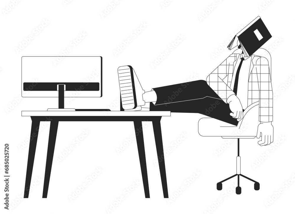Vetor Office worker napping at workplace black and white 2D line ...