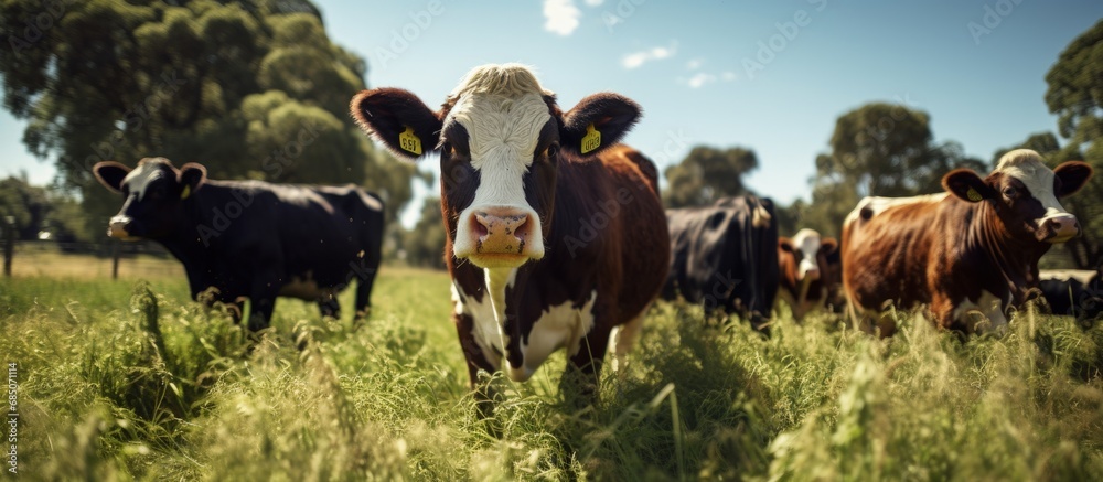 Grazing beef cows and calfs south west Victoria Australia eating hay ...