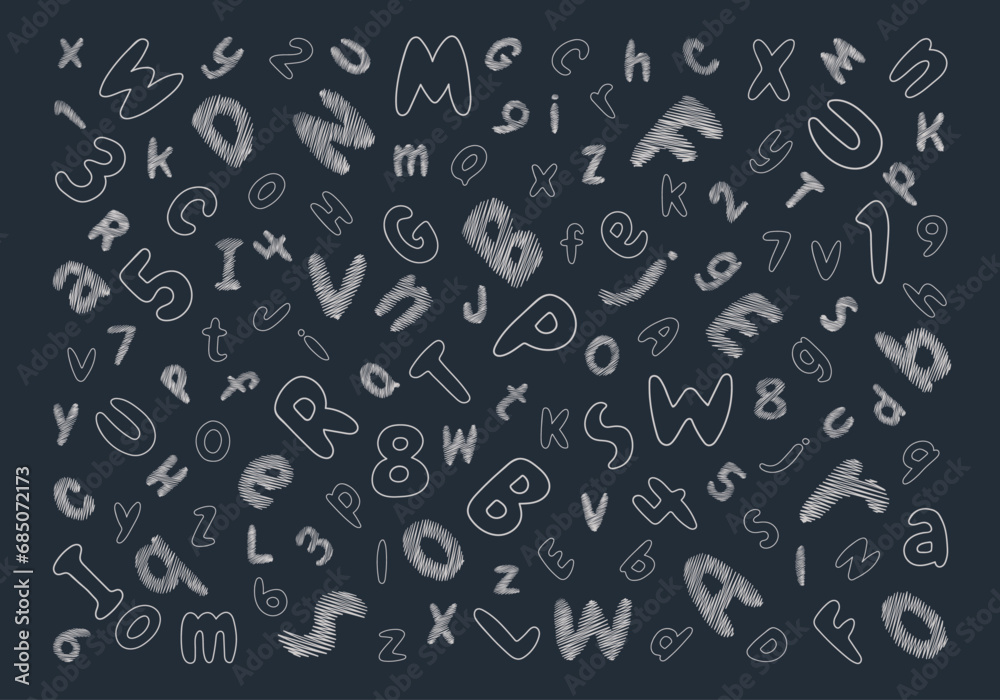 Backdrop from alphabet letters, hatched and outline symbols on a ...