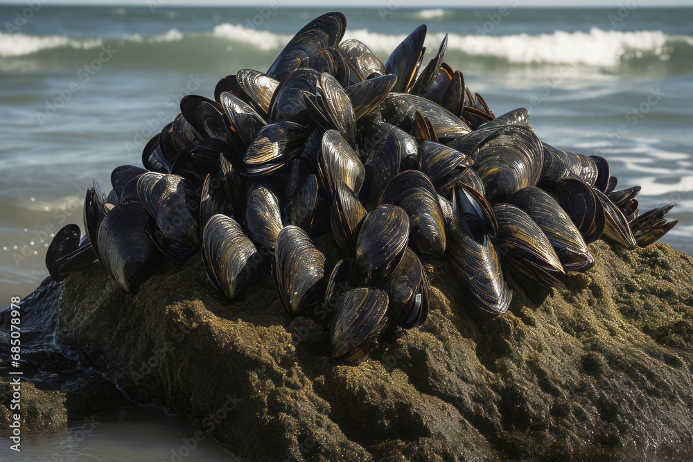 Pile of mussels on sea sand. Seafood mussel on marine coastline habitat ...