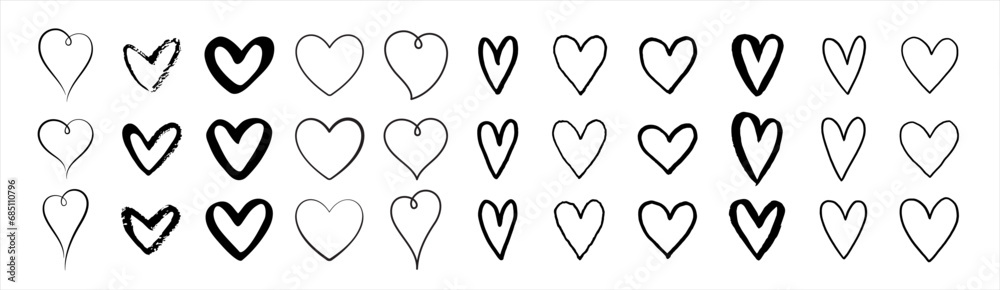 Hand drawn linear hearts set. Various brush, chalk, marker, ink drawn ...