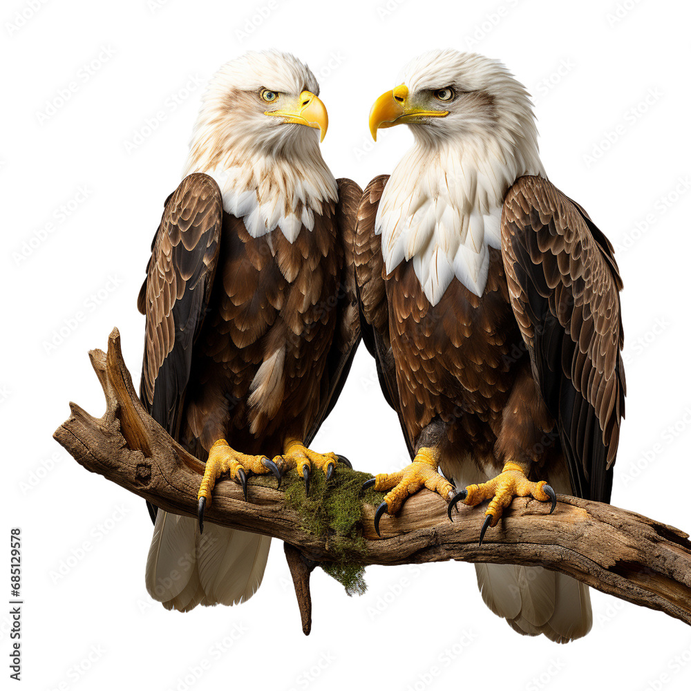 American bald eagles sitting on branch on white background transparent ...