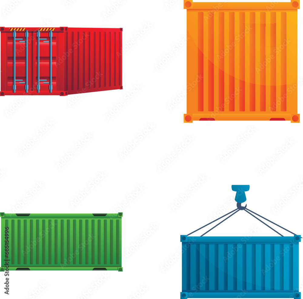 Cargo container icons set cartoon vector. Industrial crane hook and ...