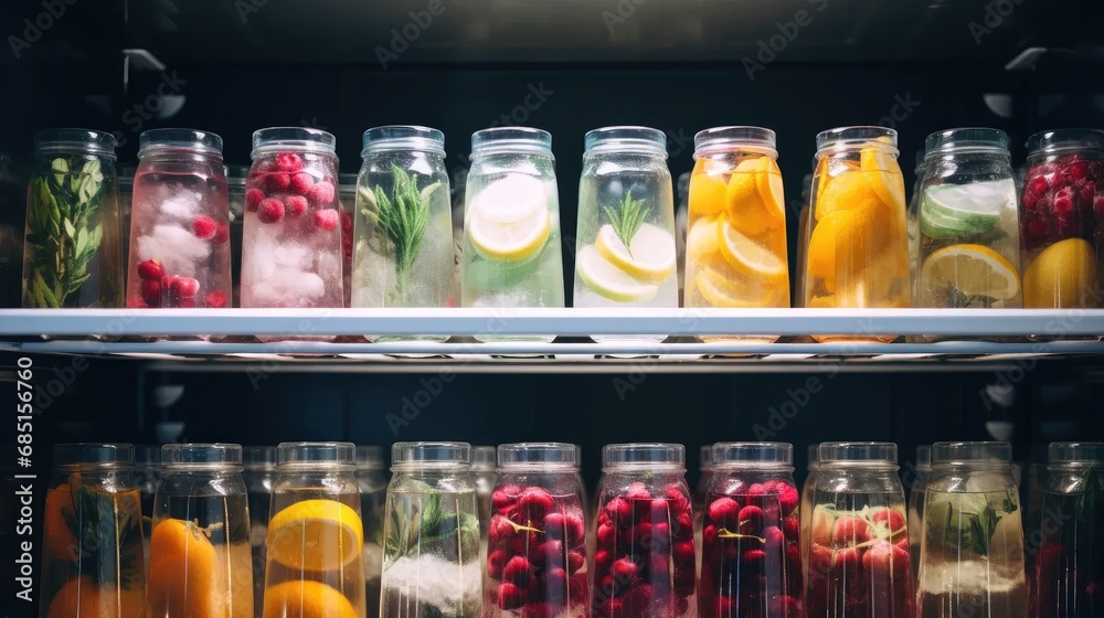rows of transparent drinks bottles in a white refrigerator. Highlight ...