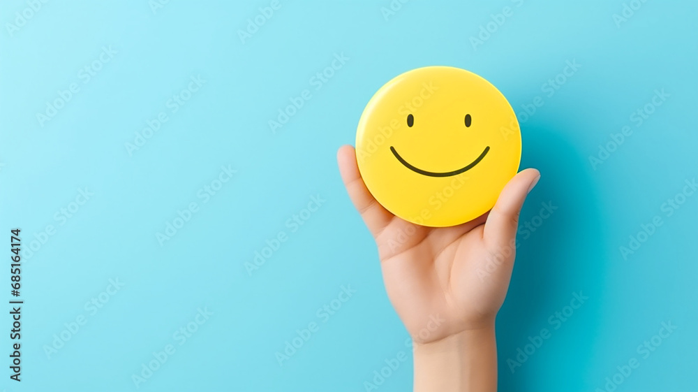 Hand holding smile face isolated on white blank gradient background ...
