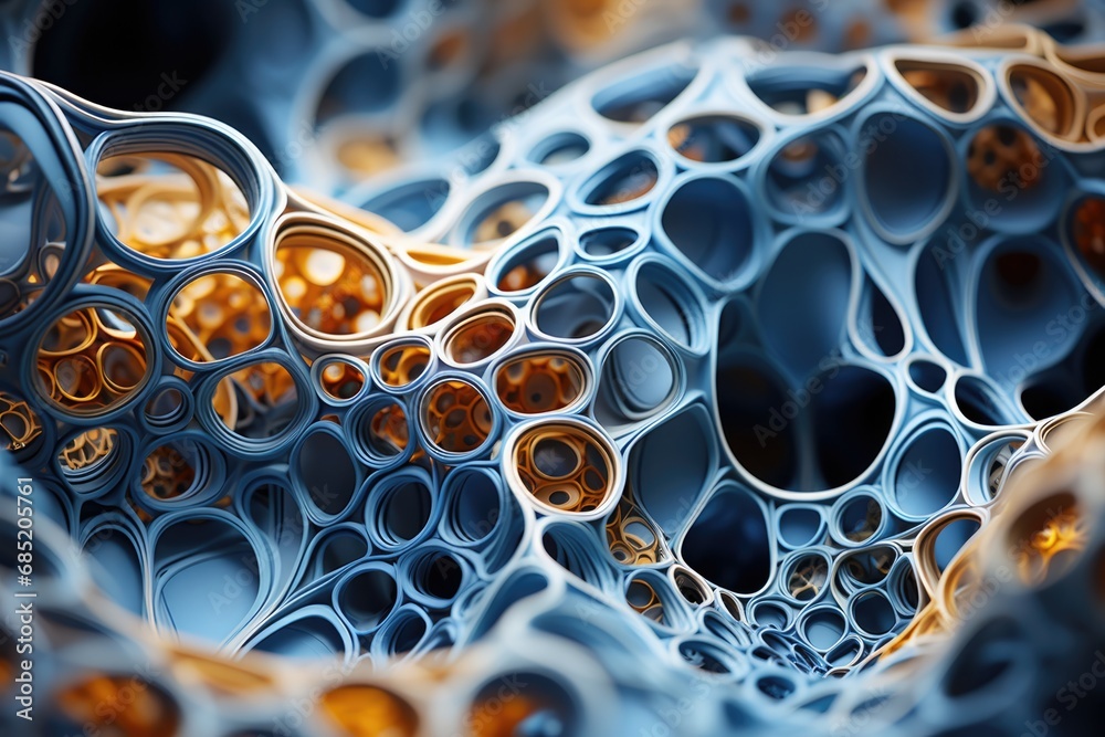 Macro shot of a blue and copper porous network, depicting a ...