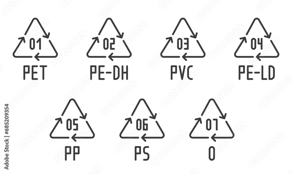 Plastic recycling types line design. 01 PET, 02 PE-DH, 3 PVC, 4 PE-LD ...