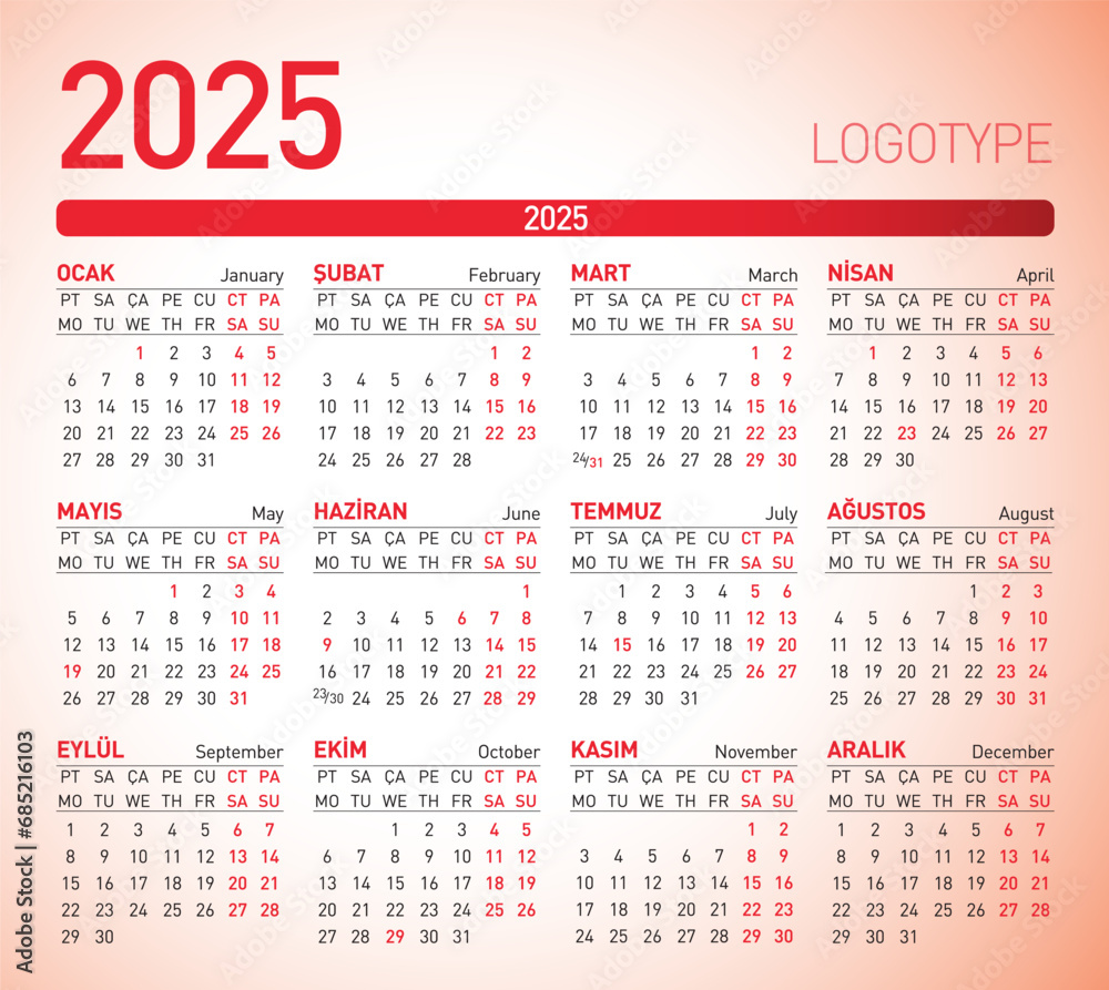 Türkçe takvim 2025 yeni yılı. Translation: Turkish calendar 2025 year ...