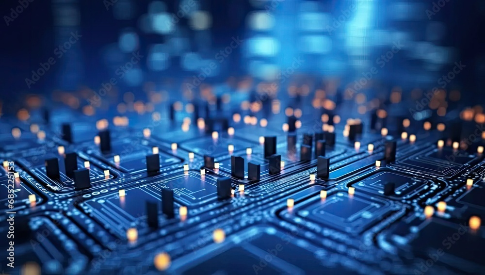 Abstract technology background with illuminated fiber optic connections, digital technology blue ...