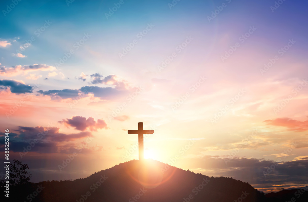 Silhouette wooden cross on mountain sunset background Stock Photo ...