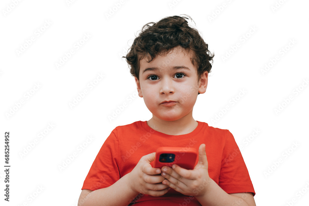 Cute caucasian little boy holding phone isolated transparent background ...