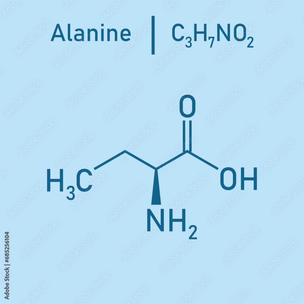 Skeletal formula of L-alanine. Chemical structure of Alanine (C3H7NO2 ...