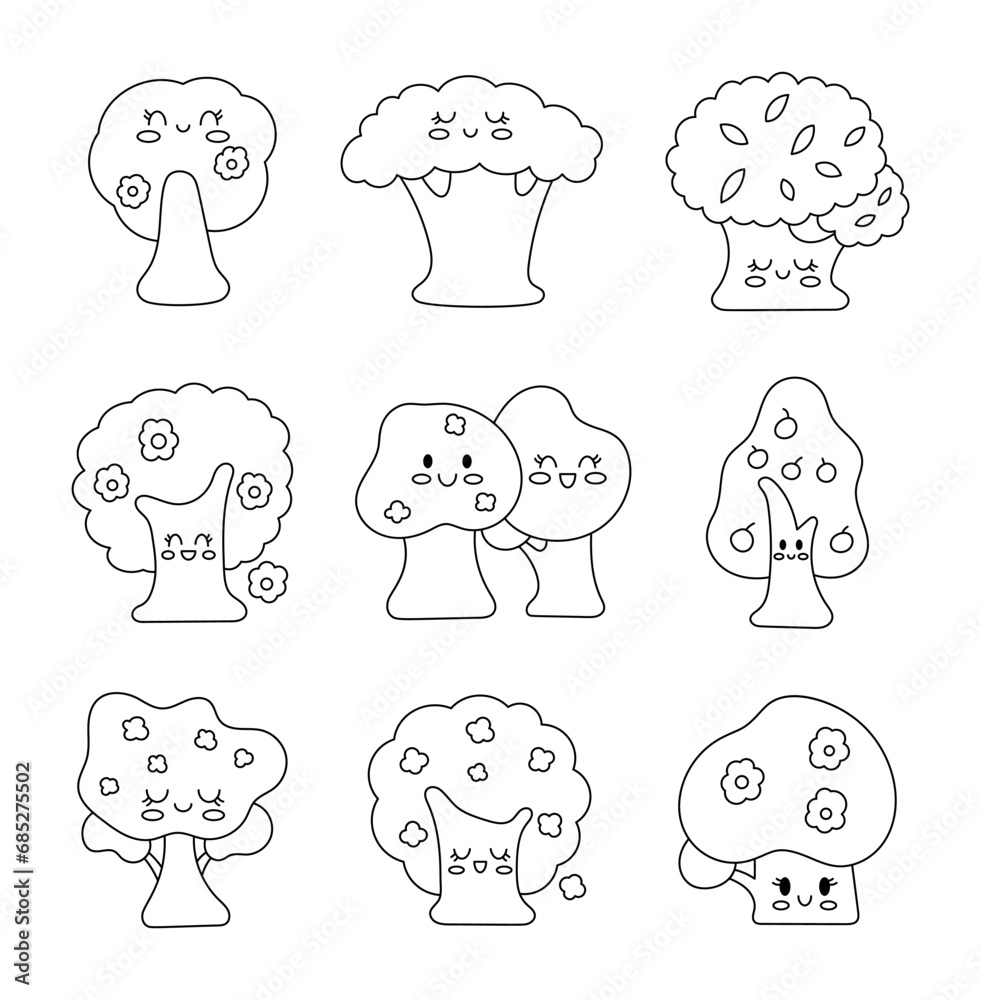Cute kawaii spring tree. Coloring Page. Cartoon characters. Nature and ...