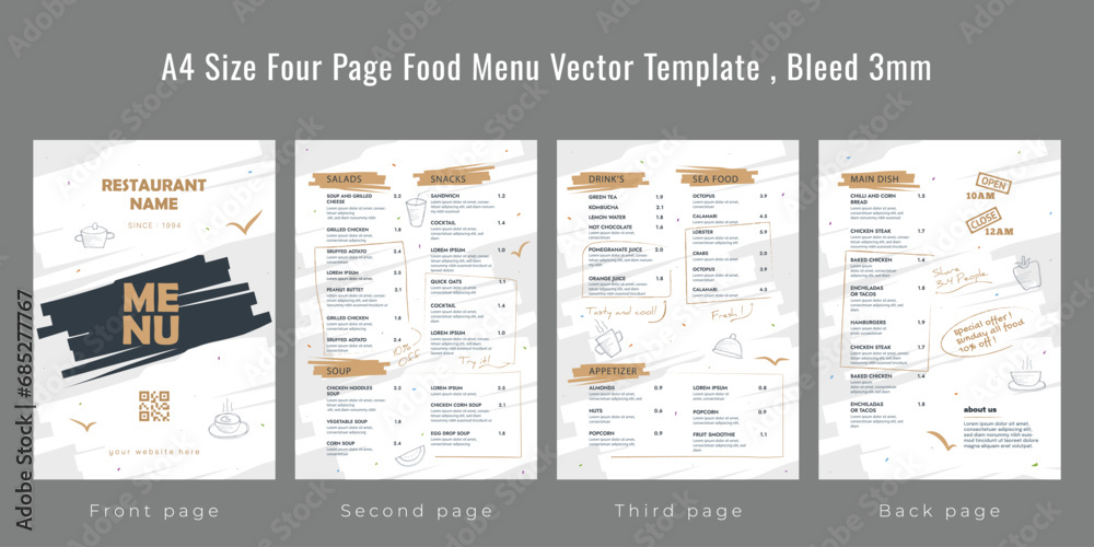 Restaurant cafe menu, template design, A4 size four page food menu ...